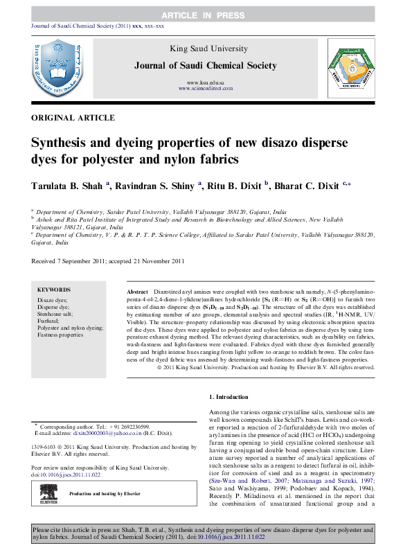(PDF) Synthesis and dyeing properties of new disazo disperse dyes for ...