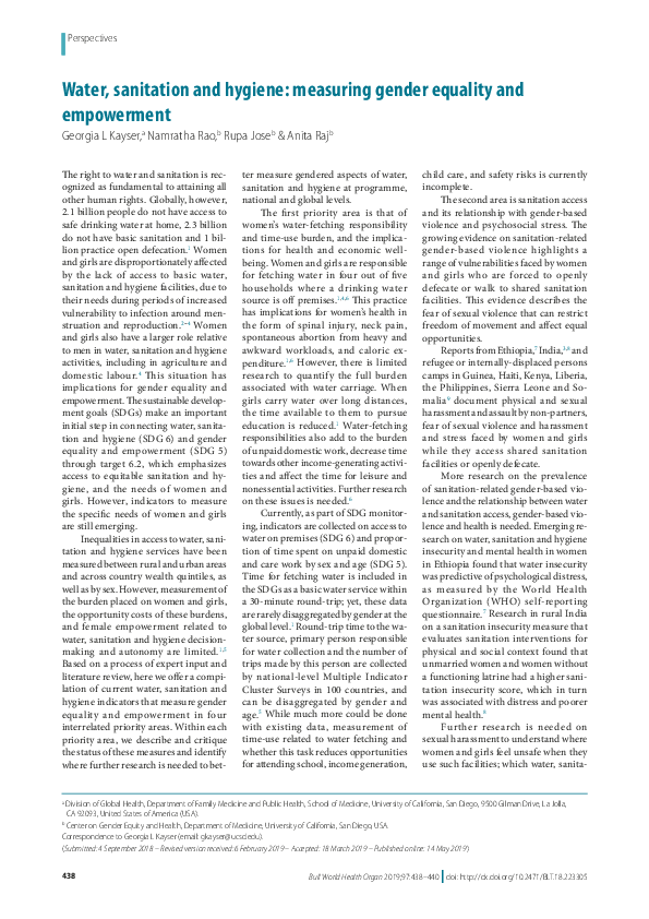 (PDF) Water, sanitation and hygiene: measuring gender equality and empowerment