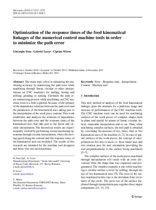 Pdf Optimization Of The Response Times Of The Feed Kinematical Linkages Of The Numerical