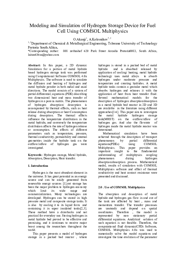 (PDF) Modeling and Simulation of Hydrogen Storage Device for Fuel Cell Using COMSOL Multiphysics ...