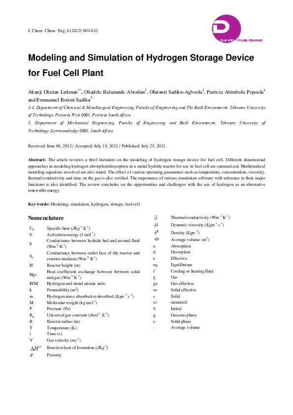 (PDF) Modeling and Simulation of hydrogen storage device for fuel cell ...