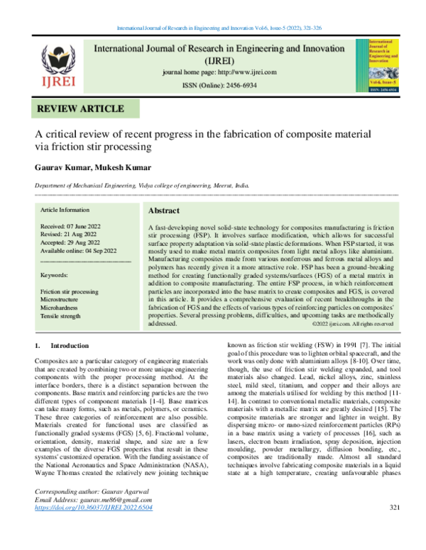 Pdf A Critical Review Of Recent Progress In The Fabrication Of Composite Material Via Friction
