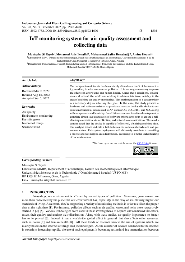 Pdf Iot Monitoring System For Air Quality Assessment And Collecting Data
