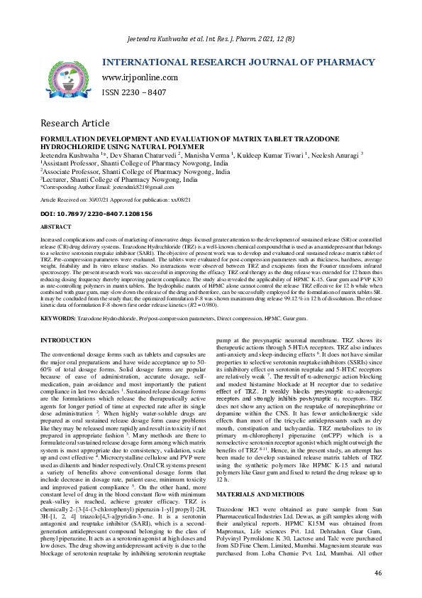 Pdf Formulation Development And Evaluation Of Matrix Tablet Trazodone Hydrochloride Using