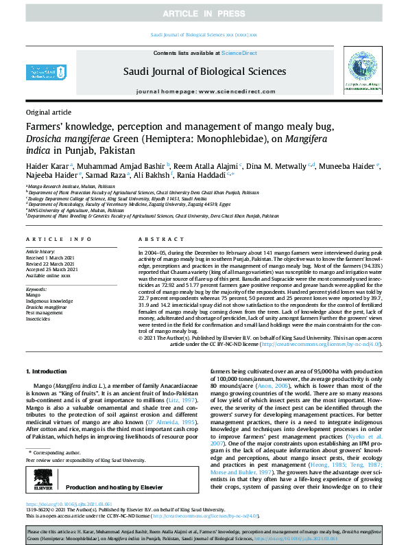 (PDF) Farmers’ knowledge, perception and management of mango mealy bug, Drosicha mangiferae ...