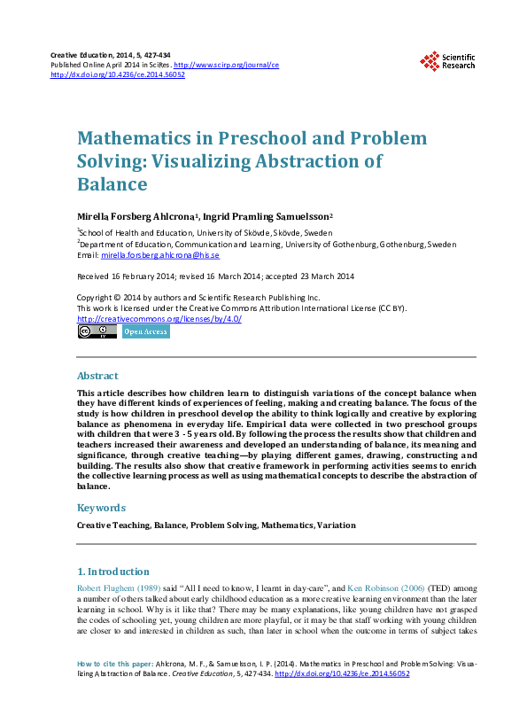 (PDF) Mathematics in Preschool and Problem Solving: Visualizing Abstraction of Balance