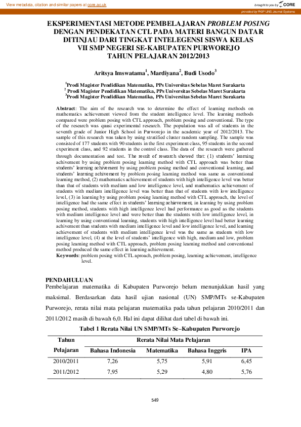 (PDF) Eksperimentasi Metode Pembelajaran Problem Posing Dengan Pendekatan CTL Pada Materi Bangun ...
