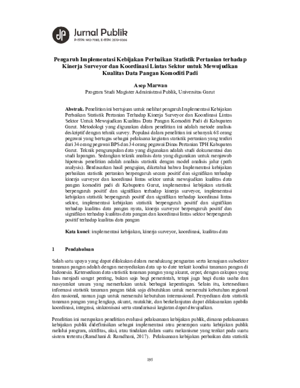 (PDF) Pengaruh Implementasi Kebijakan Perbaikan Statistik Pertanian terhadap Kinerja Surveyor ...