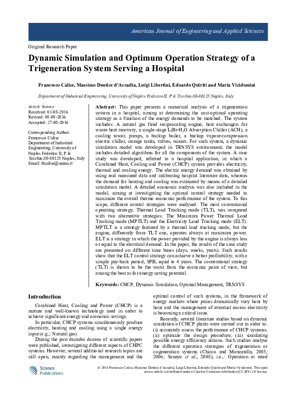 (PDF) Dynamic Simulation and Optimum Operation Strategy of a Trigeneration System Serving a Hospital