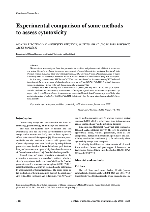 Pdf Experimental Comparison Of Some Methods To Assess Cytotoxicity Jacek Tabarkiewicz
