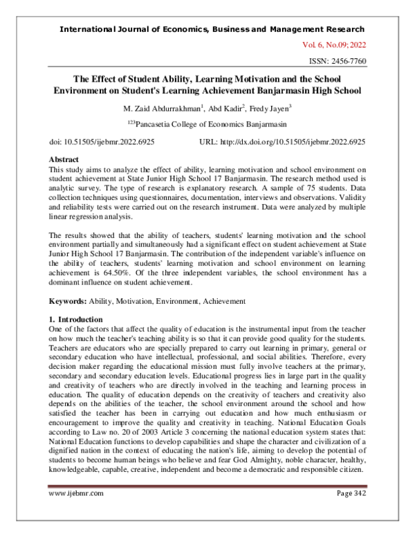 (PDF) The Effect of Student Ability, Learning Motivation and the School Environment on Student's ...