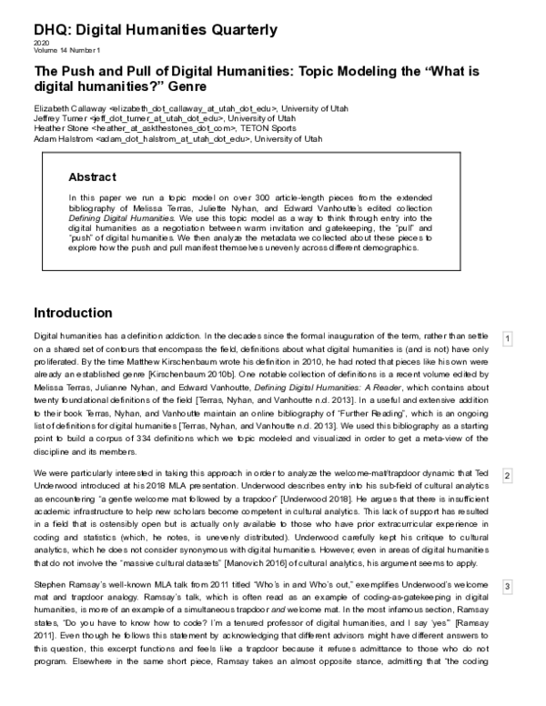 (PDF) The Push and Pull of Digital Humanities: Topic Modeling the "What ...