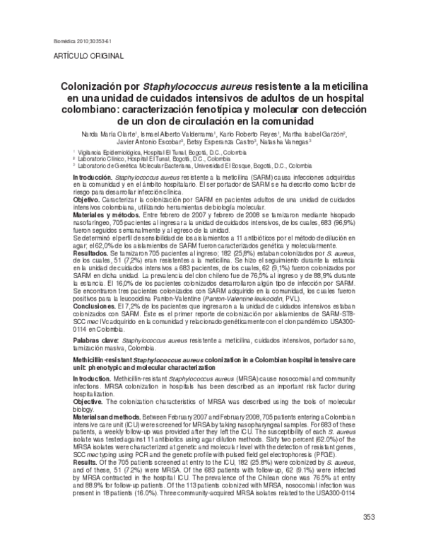 (PDF) Colonización por Staphylococcus aureus resistente a la meticilina en una unidad de ...