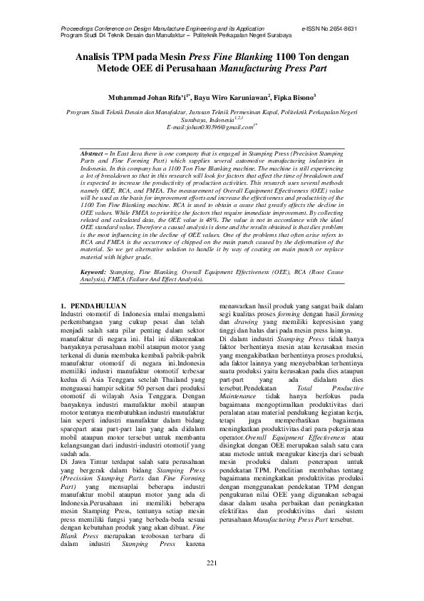 (PDF) Analisis TPM pada Mesin Press Fine Blanking 1100 Ton dengan Metode OEE di Perusahaan ...