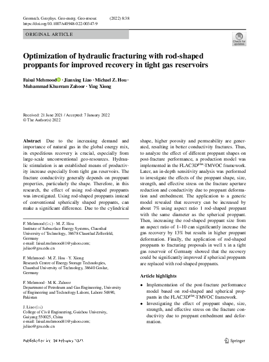 Pdf Optimization Of Hydraulic Fracturing With Rod Shaped Proppants For Improved Recovery In