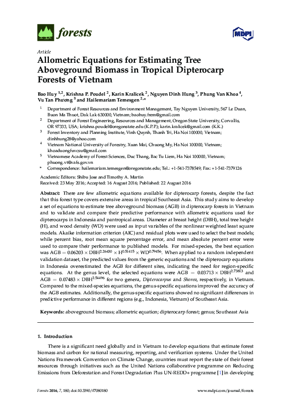 (PDF) Allometric Equations for Estimating Tree Aboveground Biomass in Tropical Dipterocarp ...