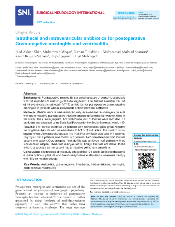 (PDF) Intrathecal and intraventricular antibiotics for postoperative ...