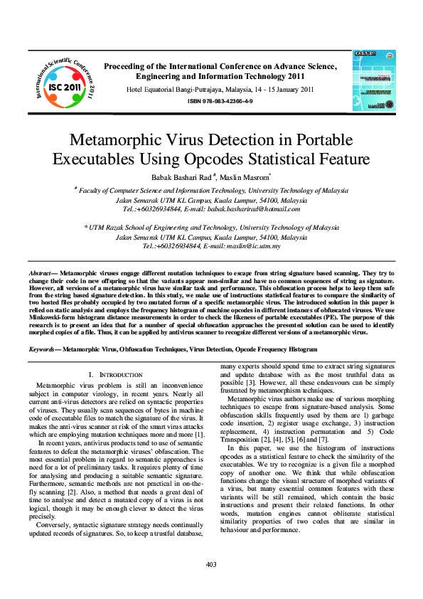 Pdf Metamorphic Virus Detection In Portable Executables Using Opcodes Statistical Feature