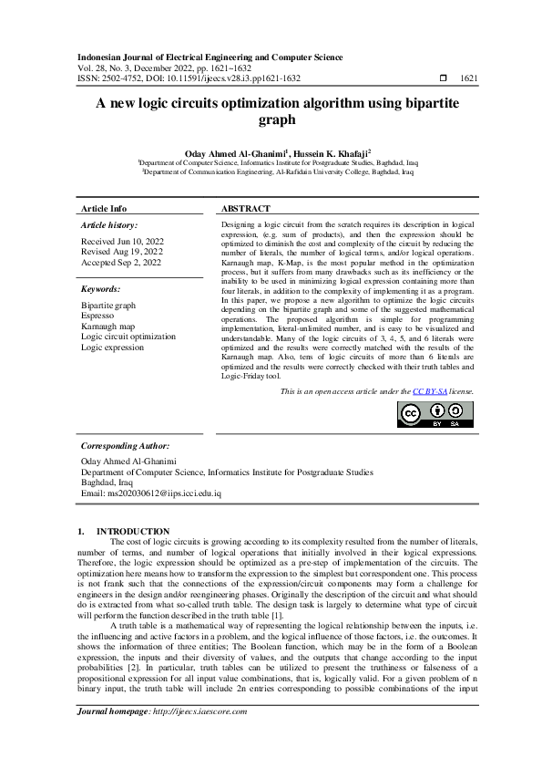 Pdf A New Logic Circuits Optimization Algorithm Using Bipartite Graph 3954