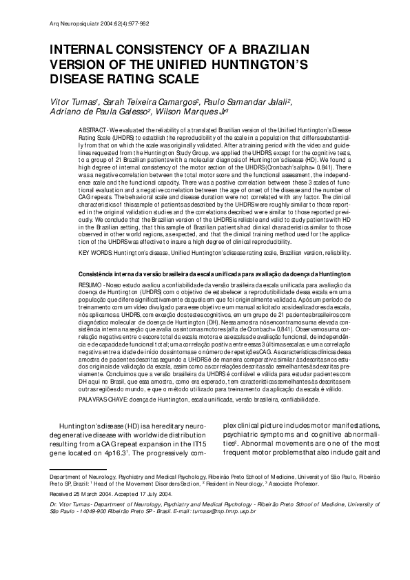 (PDF) Internal consistency of a Brazilian version of the unified ...