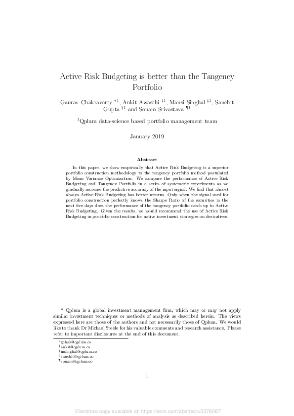 (PDF) Active Risk Budgeting is better than the Tangency Portfolio