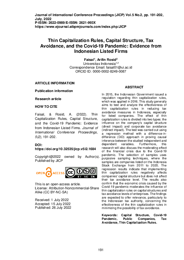 (PDF) Thin Capitalization Rules, Capital Structure, Tax Avoidance, and the Covid-19 Pandemic ...
