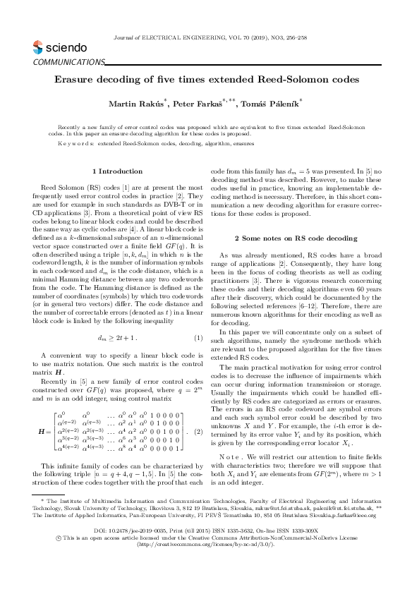 (PDF) Erasure decoding of five times extended Reed-Solomon codes | Martin Rakus - Academia.edu