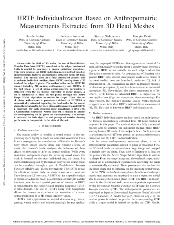 (PDF) HRTF Individualization Based on Anthropometric Measurements Extracted from 3D Head Meshes