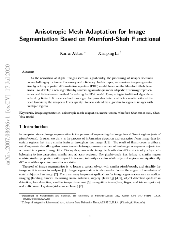 (PDF) Anisotropic Mesh Adaptation for Image Segmentation Based on Mumford-Shah Functional