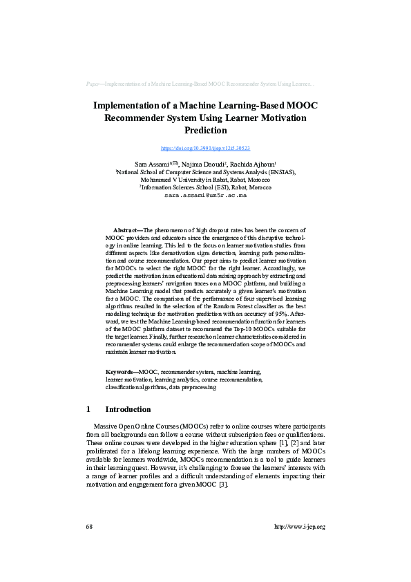 (PDF) Implementation of a Machine Learning-Based MOOC Recommender System Using Learner ...