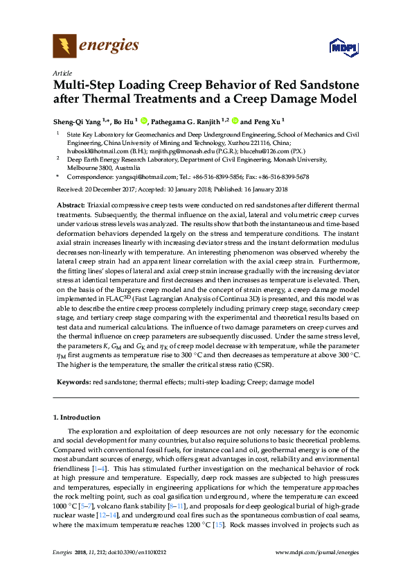 (PDF) Multi-Step Loading Creep Behavior of Red Sandstone after Thermal ...