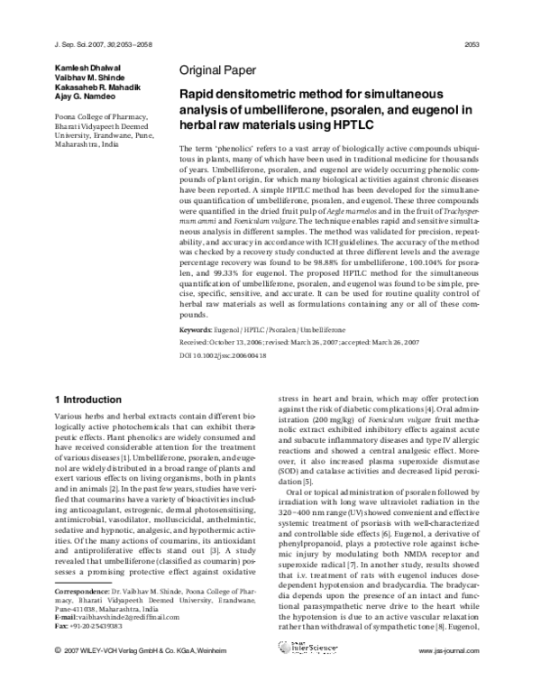 Pdf Rapid Densitometric Method For Simultaneous Analysis Of Umbelliferone Psoralen And