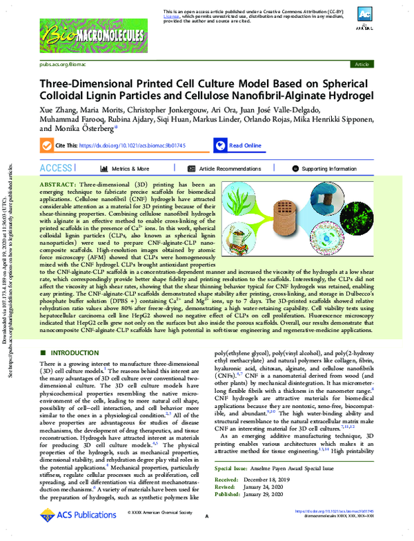 (PDF) Three-Dimensional Printed Cell Culture Model Based on Spherical Colloidal Lignin Particles ...