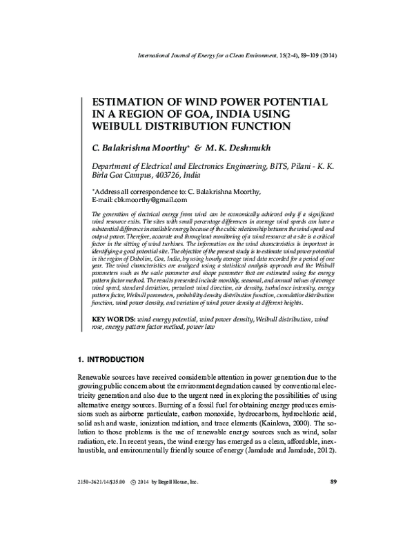 (PDF) Estimation of Wind Power Potential in a Region of Goa, India ...