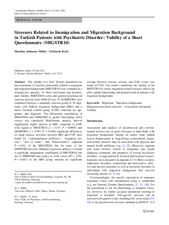 (PDF) Stressors Related to Immigration and Migration Background in ...