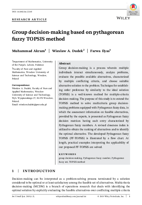 (PDF) Group decision‐making based on pythagorean fuzzy TOPSIS method