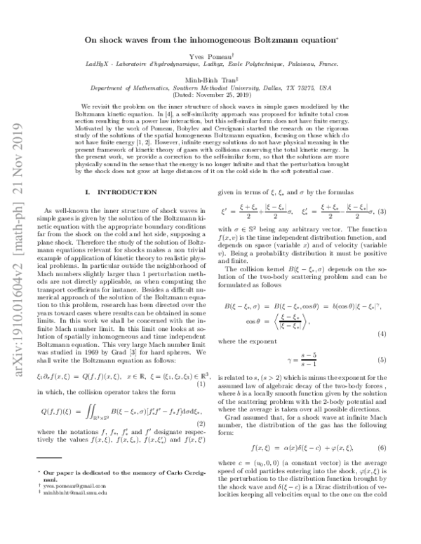 Pdf Shock Waves From The Inhomogeneous Boltzmann Equation Yves Pomeau
