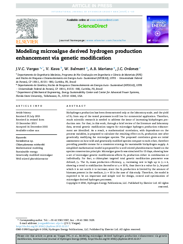 (PDF) Modeling microalgae derived hydrogen production enhancement via genetic modification