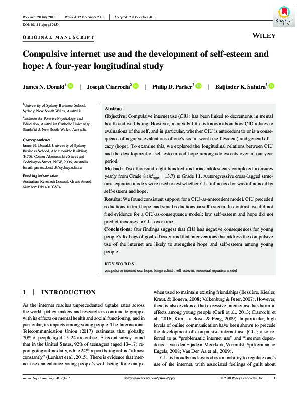 (PDF) Compulsive internet use and the development of self‐esteem and ...