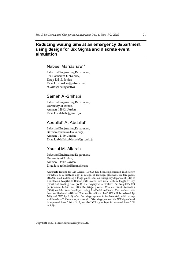 (PDF) Reducing waiting time at an emergency department using design for ...