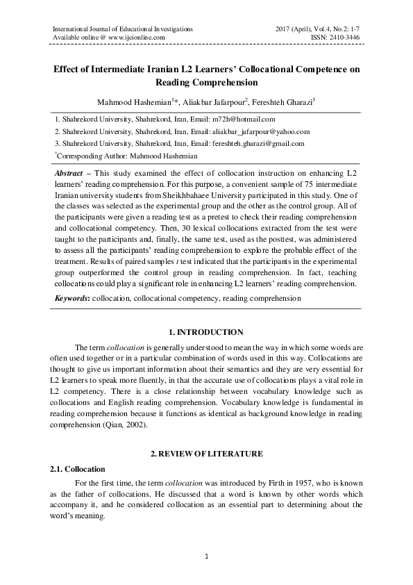 (PDF) Effect of Intermediate Iranian L2 Learners’ Collocational Competence on Reading Comprehension