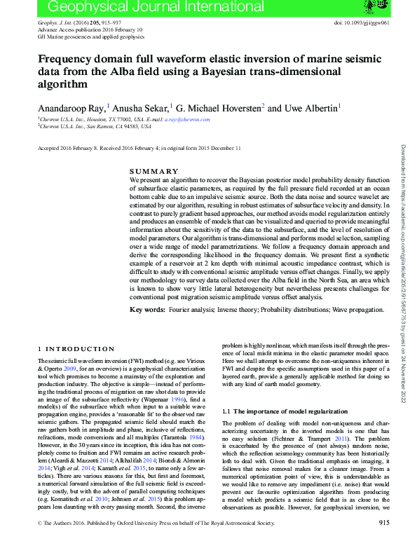 (PDF) Frequency domain full waveform elastic inversion of marine seismic data from the Alba ...