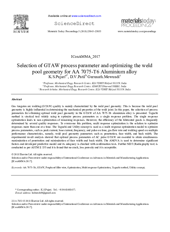 (PDF) Selection of GTAW process parameter and optimizing the weld pool geometry for AA 7075-T6 ...