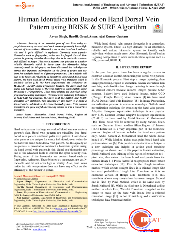 Pdf Human Identification Based On Hand Dorsal Vein Pattern Using Brisk Surf Algorithm