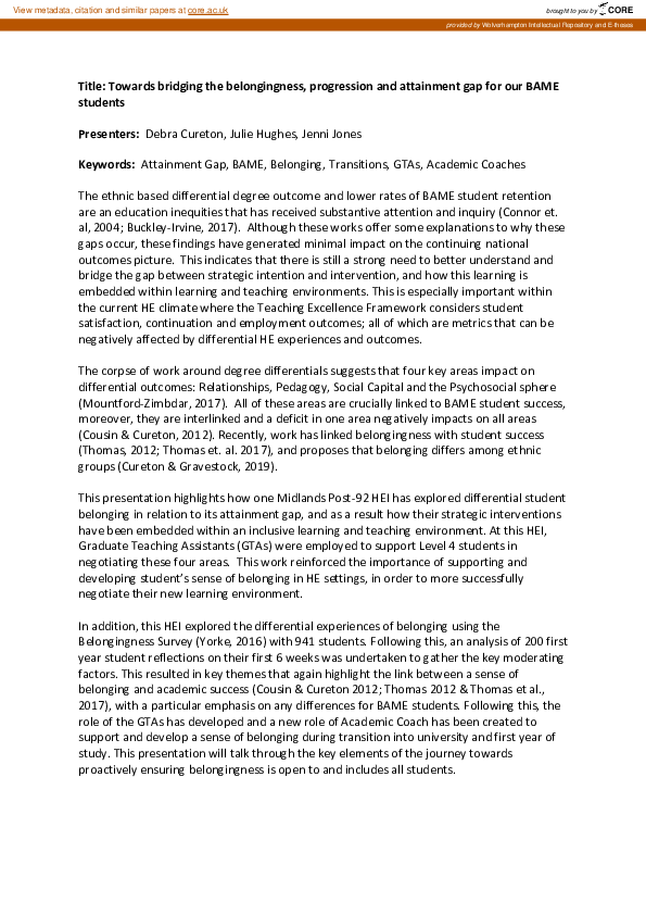 (PDF) Towards bridging the belongingness, progression and attainment gap for our BAME students