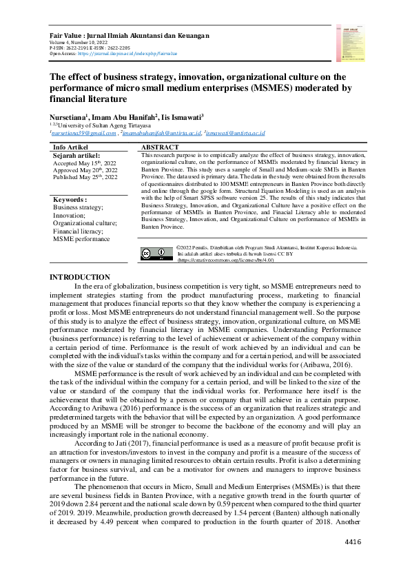 (PDF) The effect of business strategy, innovation, organizational culture on the performance of ...