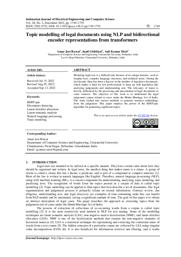 Pdf Topic Modelling Of Legal Documents Using Nlp And Bidirectional Encoder Representations