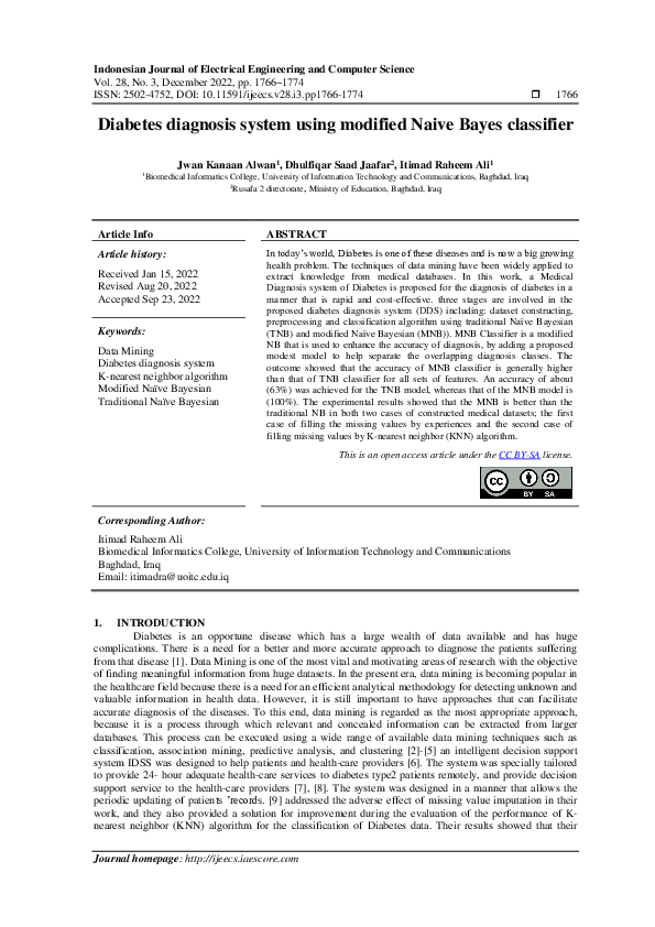 Pdf Diabetes Diagnosis System Using Modified Naive Bayes Classifier Indonesian Journal Of 