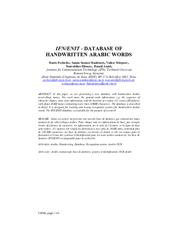 (PDF) IFN/ENIT-database of handwritten Arabic words