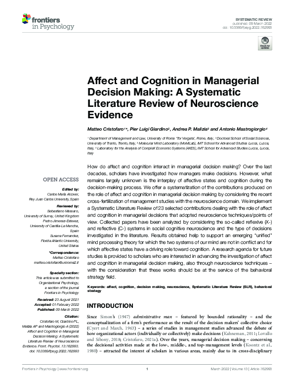 (PDF) Affect and Cognition in Managerial Decision Making: A Systematic Literature Review of ...